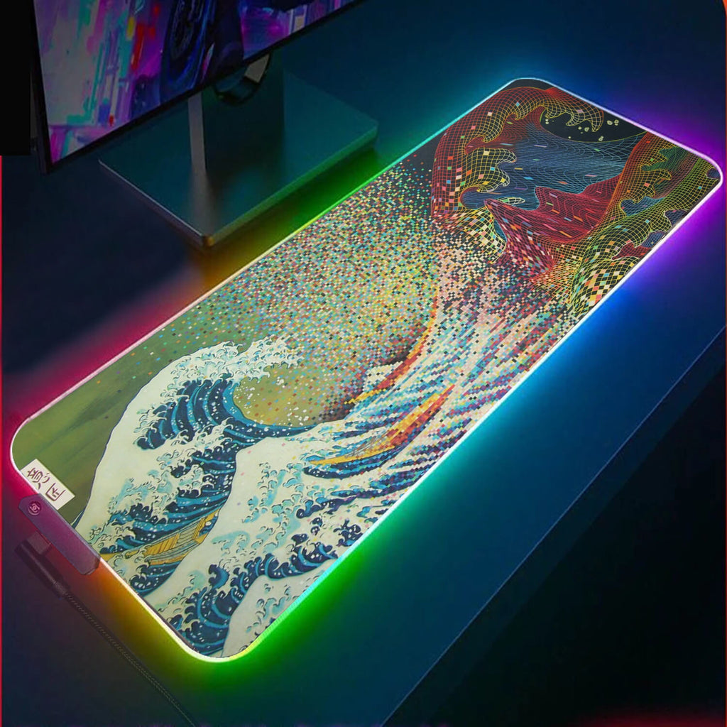 Vaporwave GreatWave Desk Pad,Japanese Desk Mat,RGB Led Light Mouse Pad ...